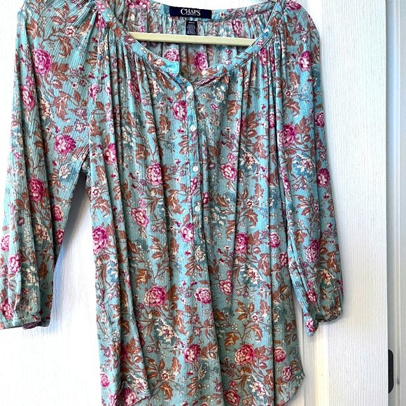 Chaps | Tops | Chaps Denim 34 Sleeve Floral Gauze Blouse | Poshmark